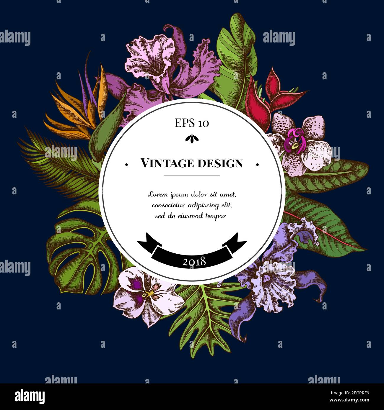 Badge over design with monstera, banana palm leaves, strelitzia, heliconia, tropical palm leaves ...