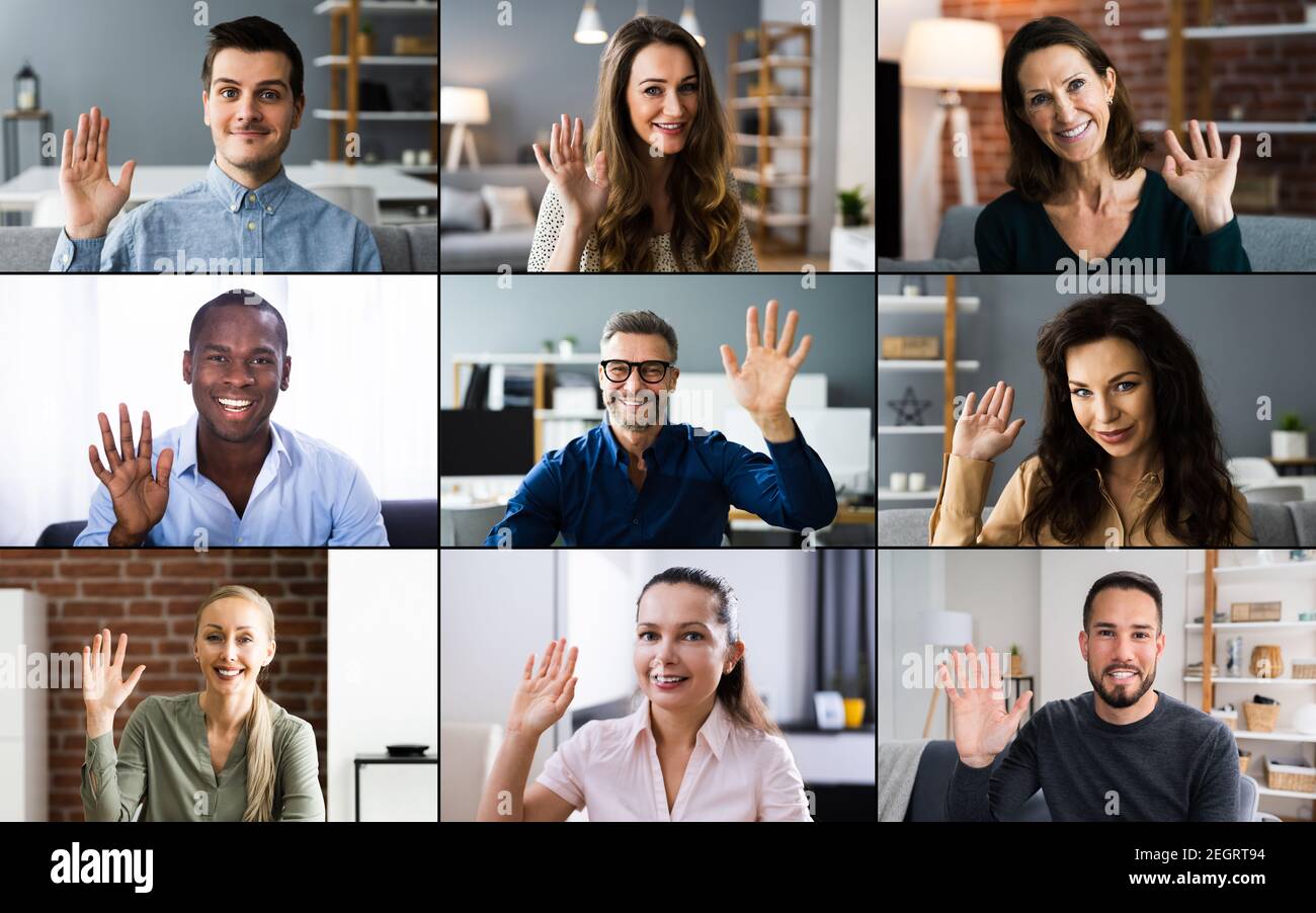 Video Conferencing Call Waving Hello With Hand Stock Photo - Alamy