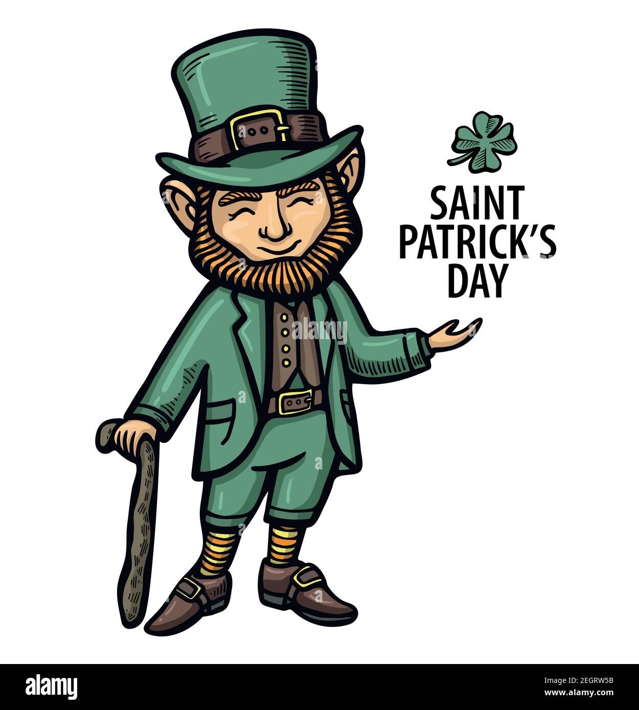 Hand-drawn irish leprechaun with green hat, red mustache and beard and ...