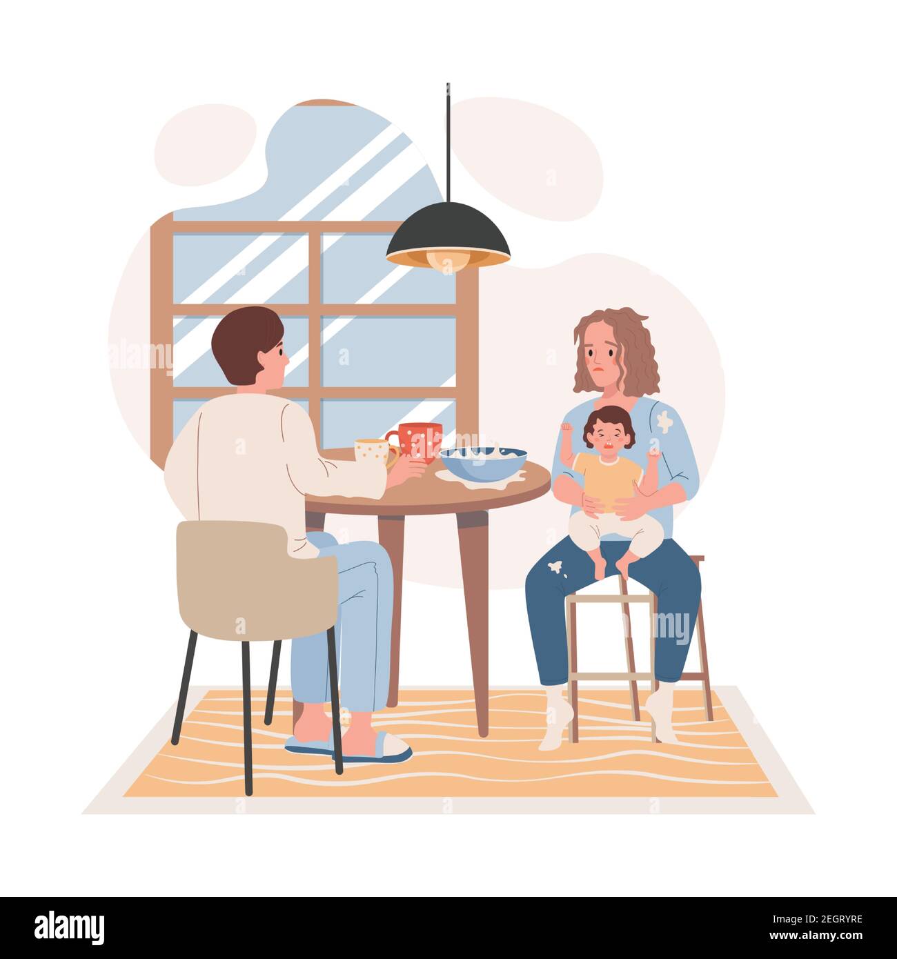 Family breakfast at the kitchen vector flat illustration. Tired and ...