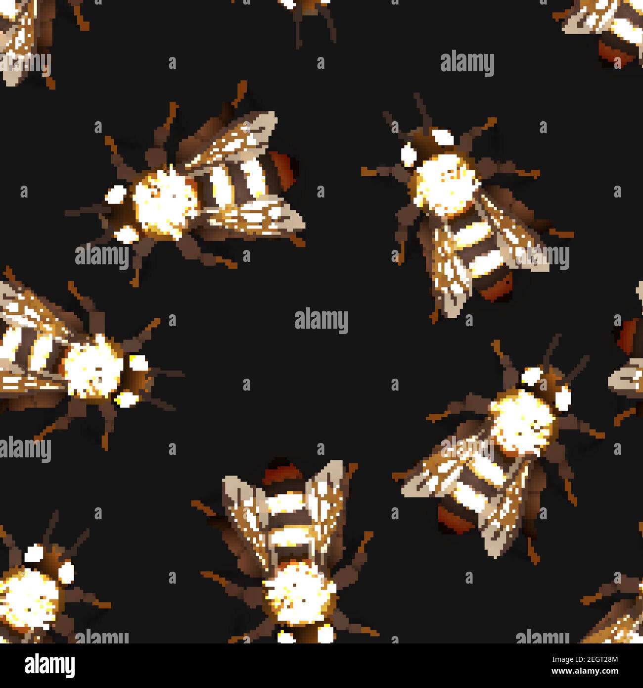 A lot of detailed realistic honey bees, many insects on dark seamless ...