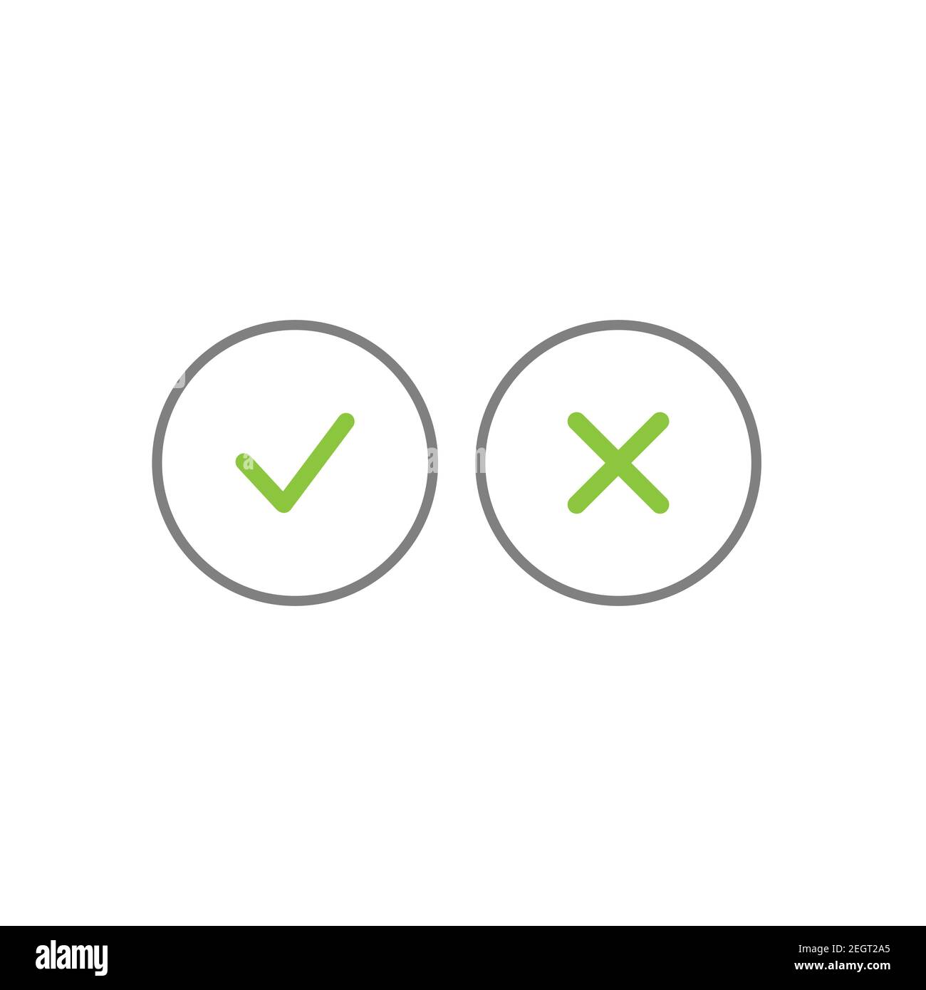 Set of check mark icons. green tick and cross in gray circle. Flat ...