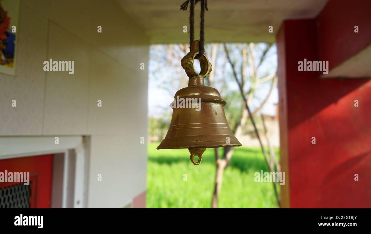 Religious temple bell hanging in Hindu temple. Religious devotional ...