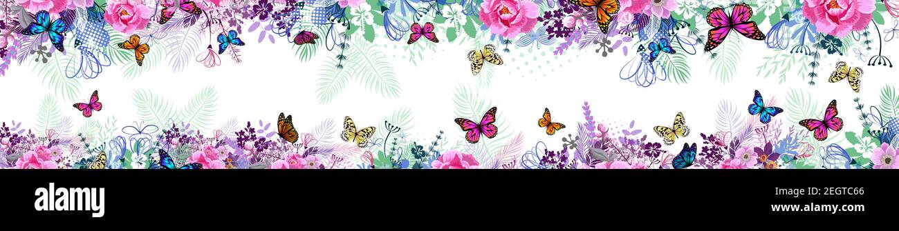 A long horizontal frame with butterflies. site header. Vector ...