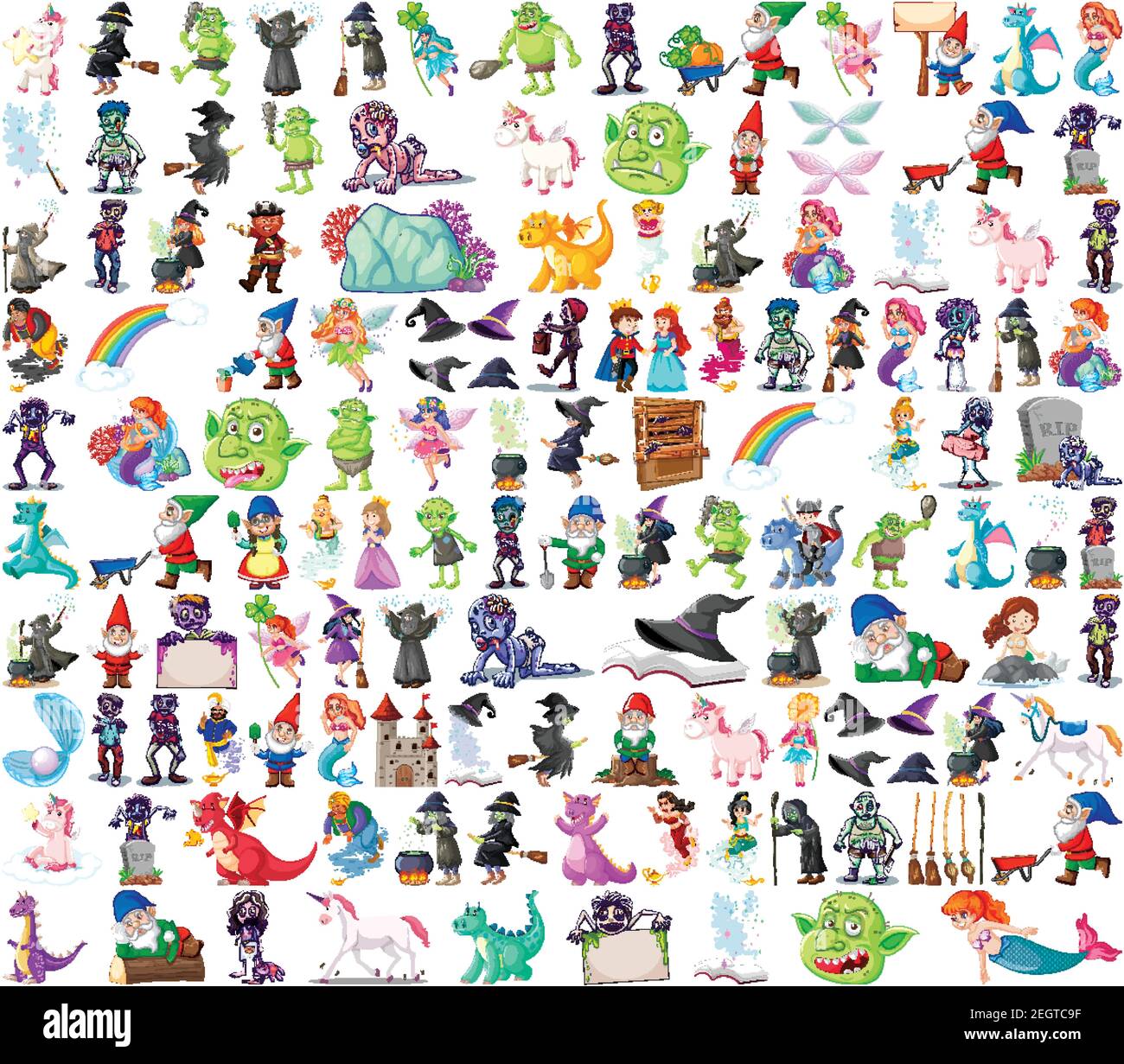 Set of fantasy cartoon characters and fantasy theme isolated on white ...