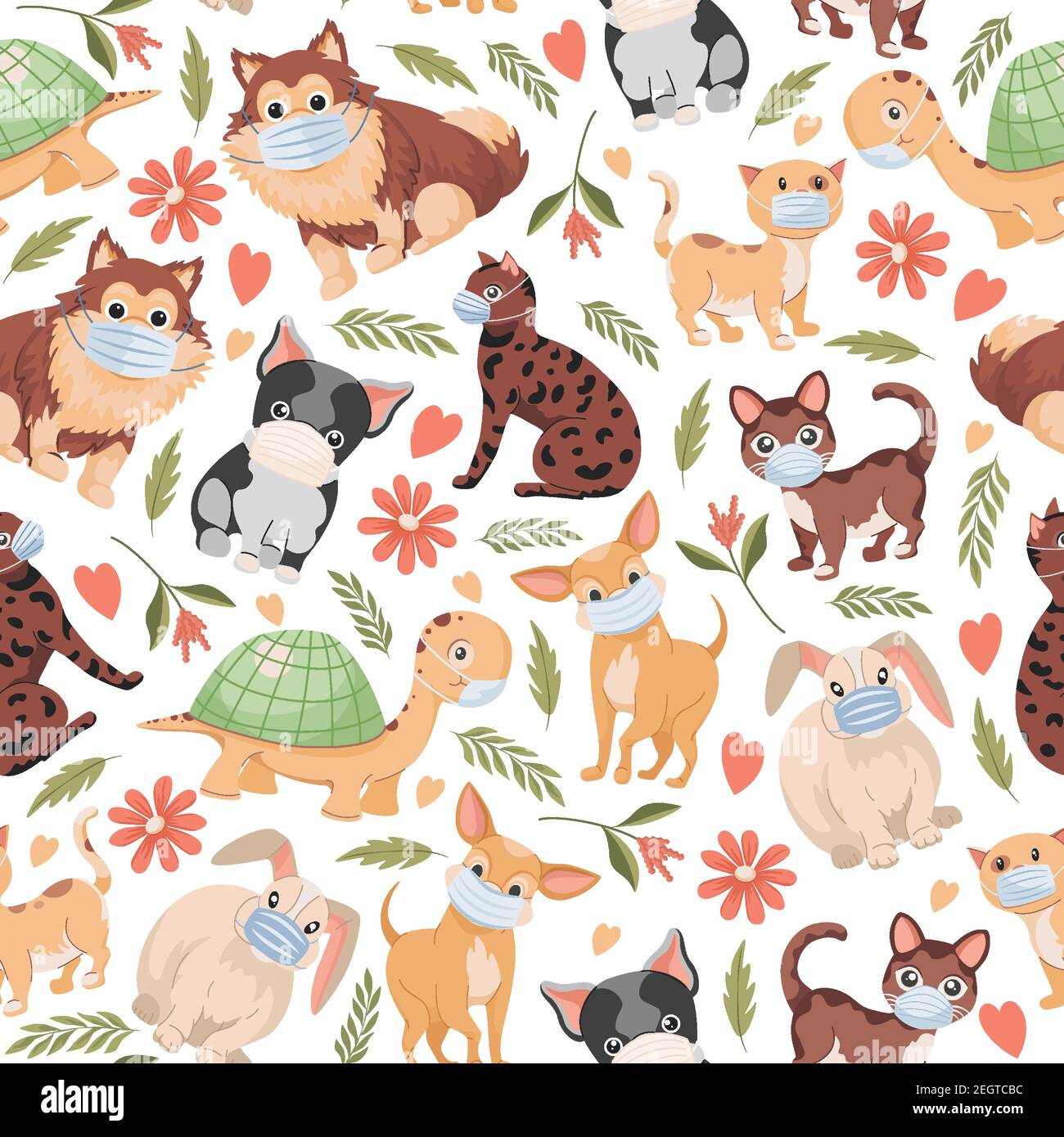 Domestic pets vector flat seamless pattern isolated on white background ...