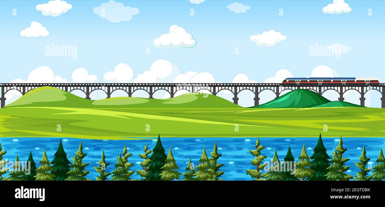 City nature park with train on skyline landscape scene illustration ...