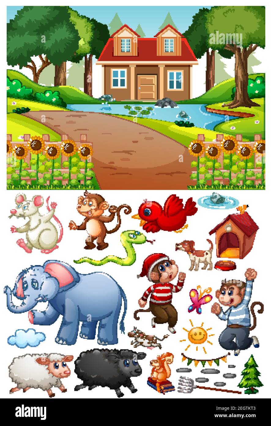 A house in nature scene with isolated cartoon character and objects ...