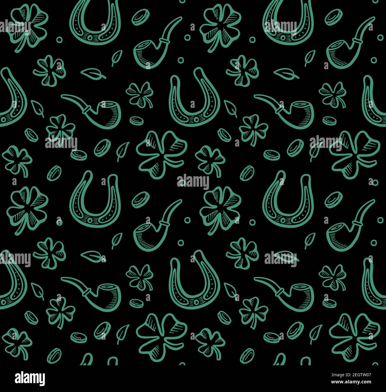 hand drawn saint patricks seamless pattern with design elements. Irish pattern with clover, gold ...
