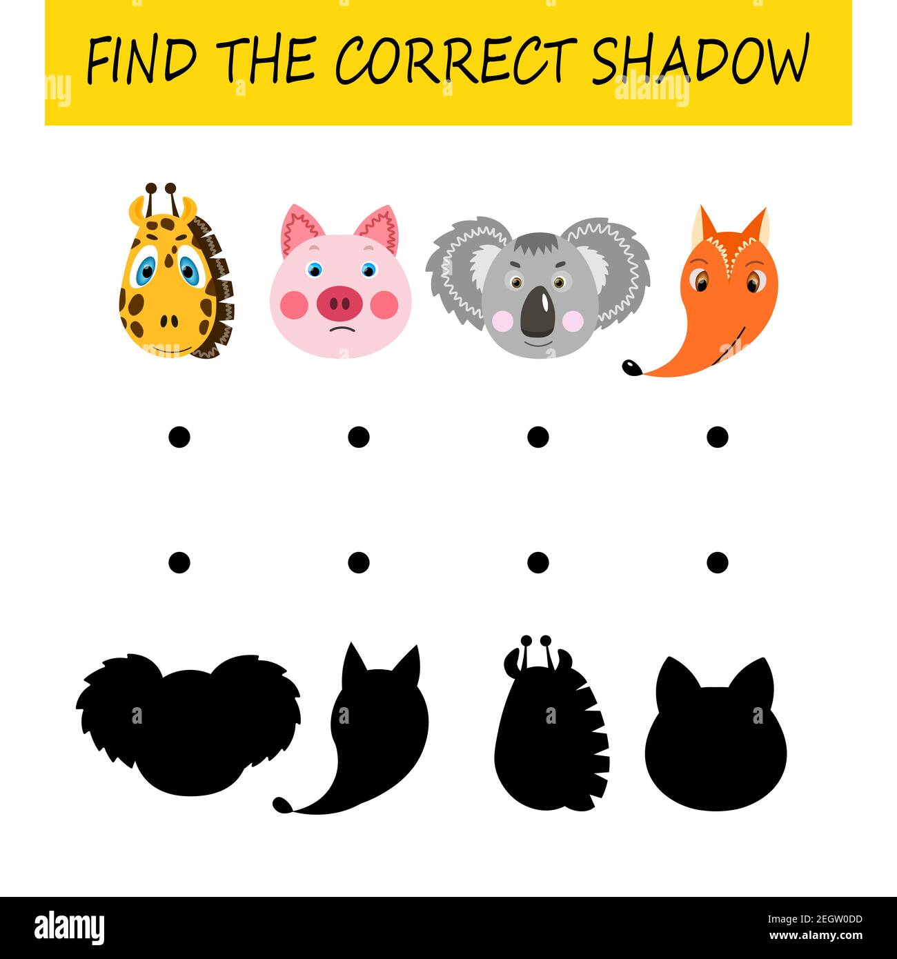 Find the correct shadow. Educational card for children. Cute animals ...