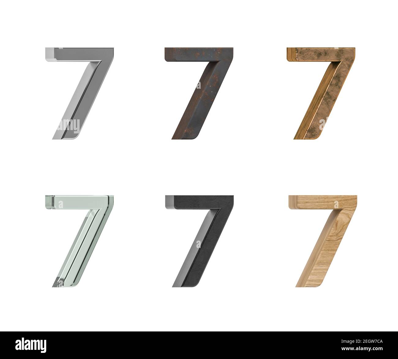 Three dimensional digit with six types of textures - metal, rust, brass ...