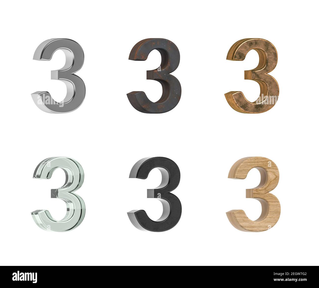 Three dimensional digit with six types of textures - metal, rust, brass ...