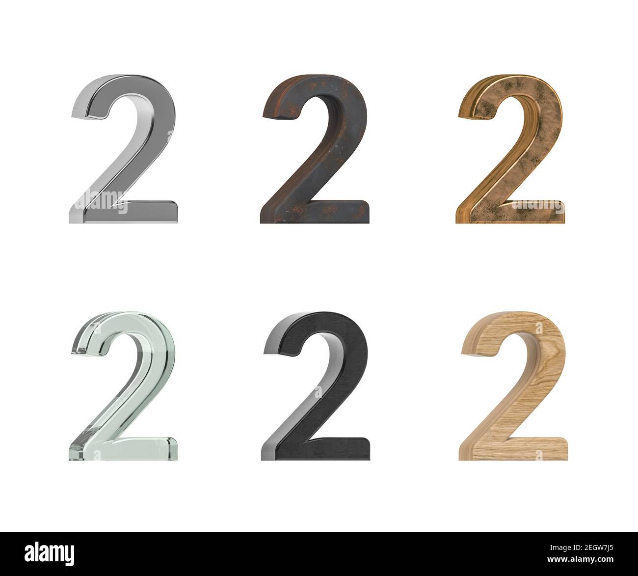 Three dimensional digit with six types of textures - metal, rust, brass ...