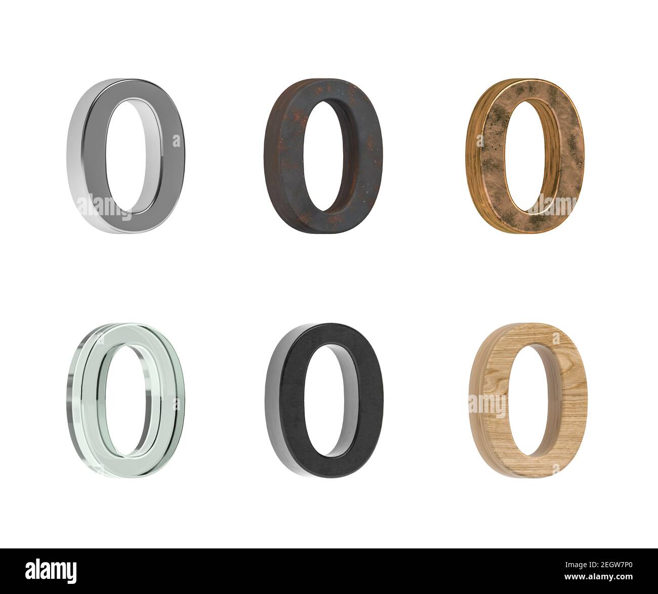 Three dimensional digit with six types of textures - metal, rust, brass ...