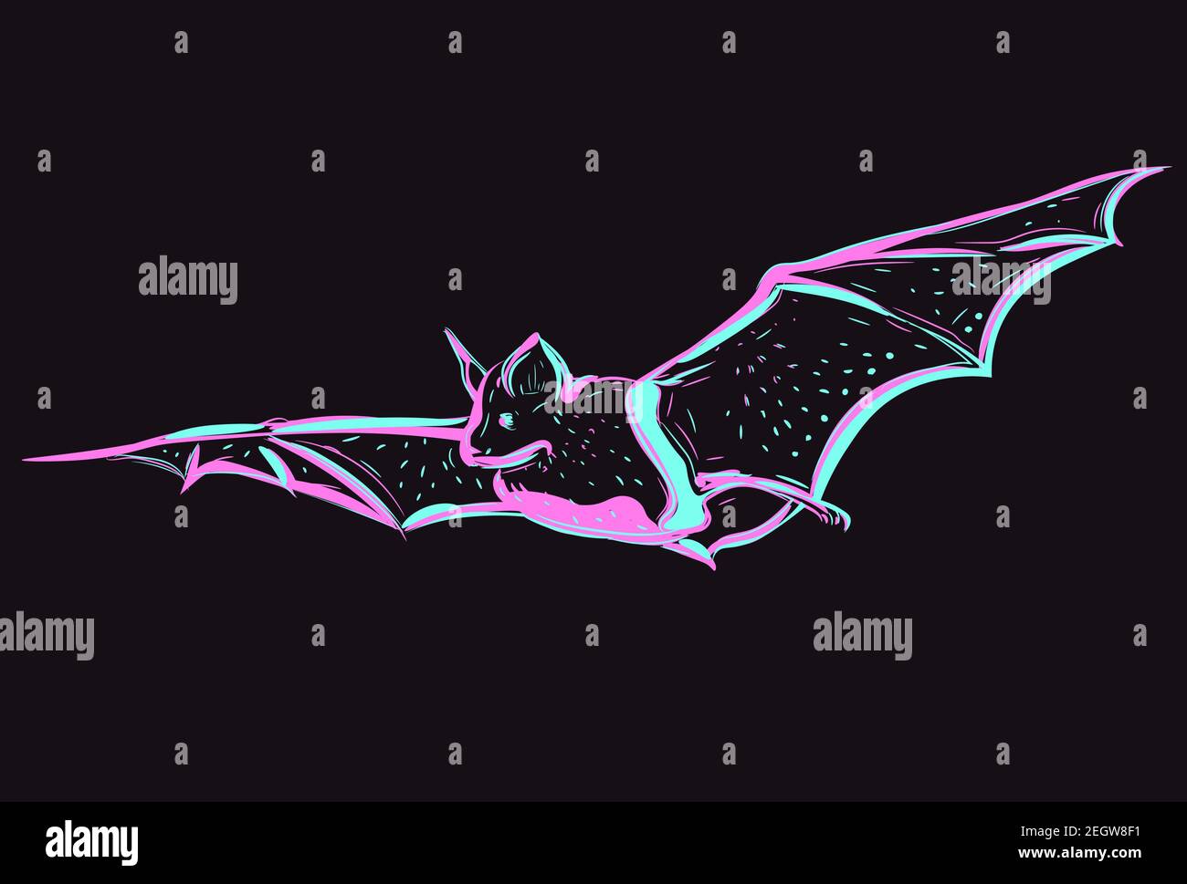 Linear neon art with a flying animal. Abstract linear drawing of a ...