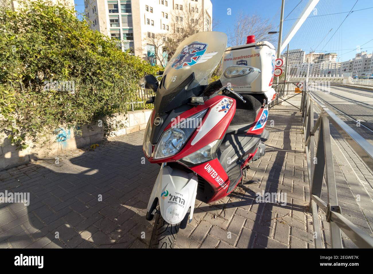 jerusalem-israel.14-02-2021. A Rescue Union motorcycle is parked near ...