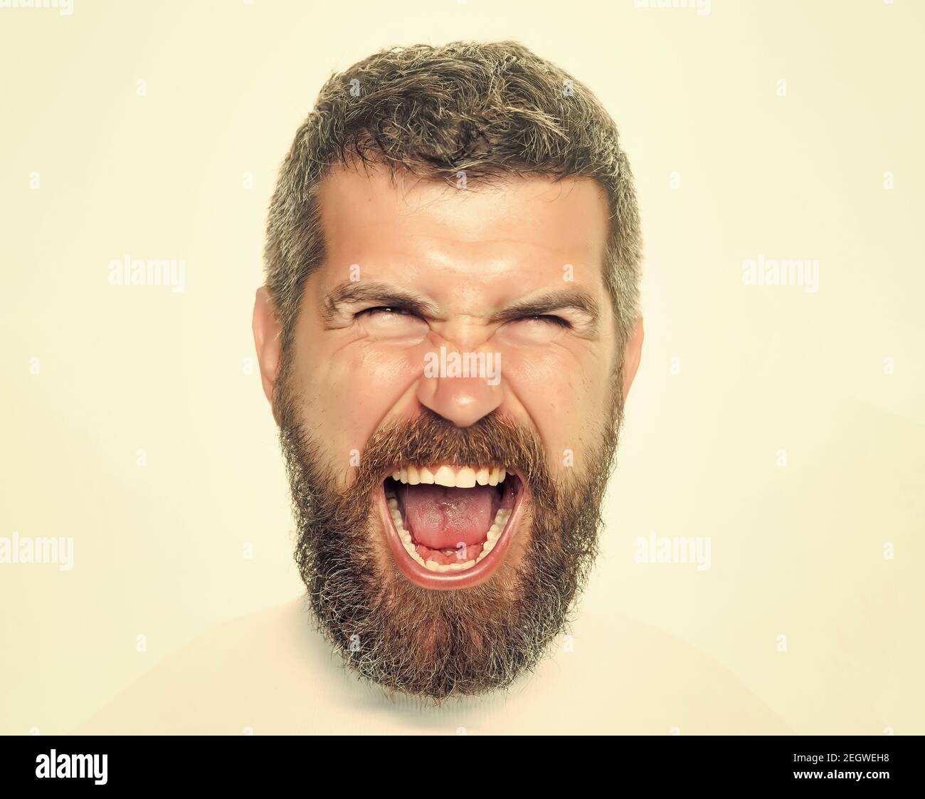 Hipster with scared face screaming. Feeling and emotions. Man with long ...