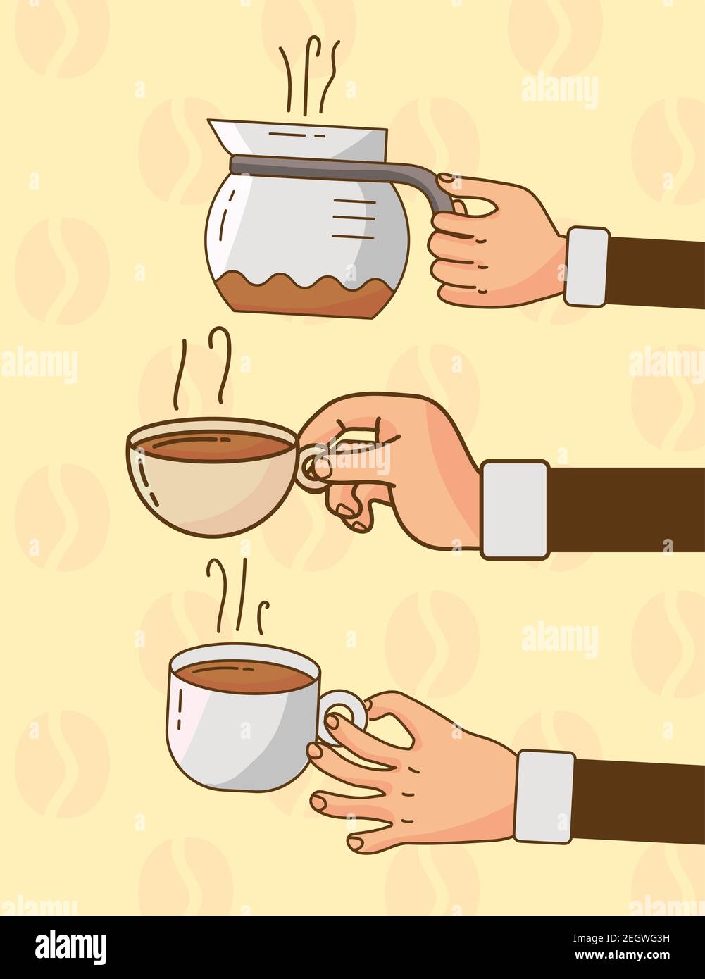 hand lifting coffee drinks in ceramic cups and teapot vector ...