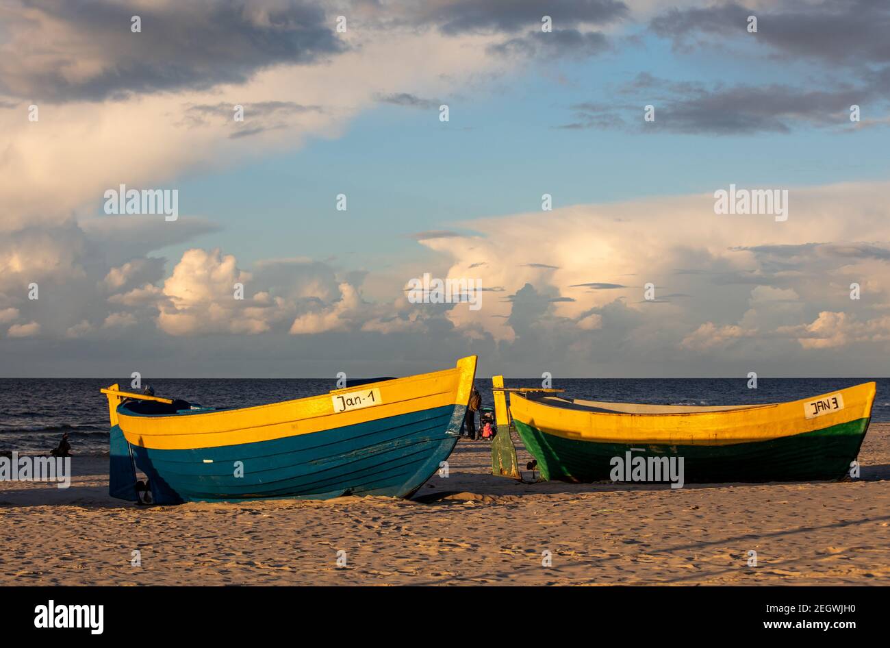 Jantar, Poland - September 7, 2020: Colorful fishing boats on the beach ...