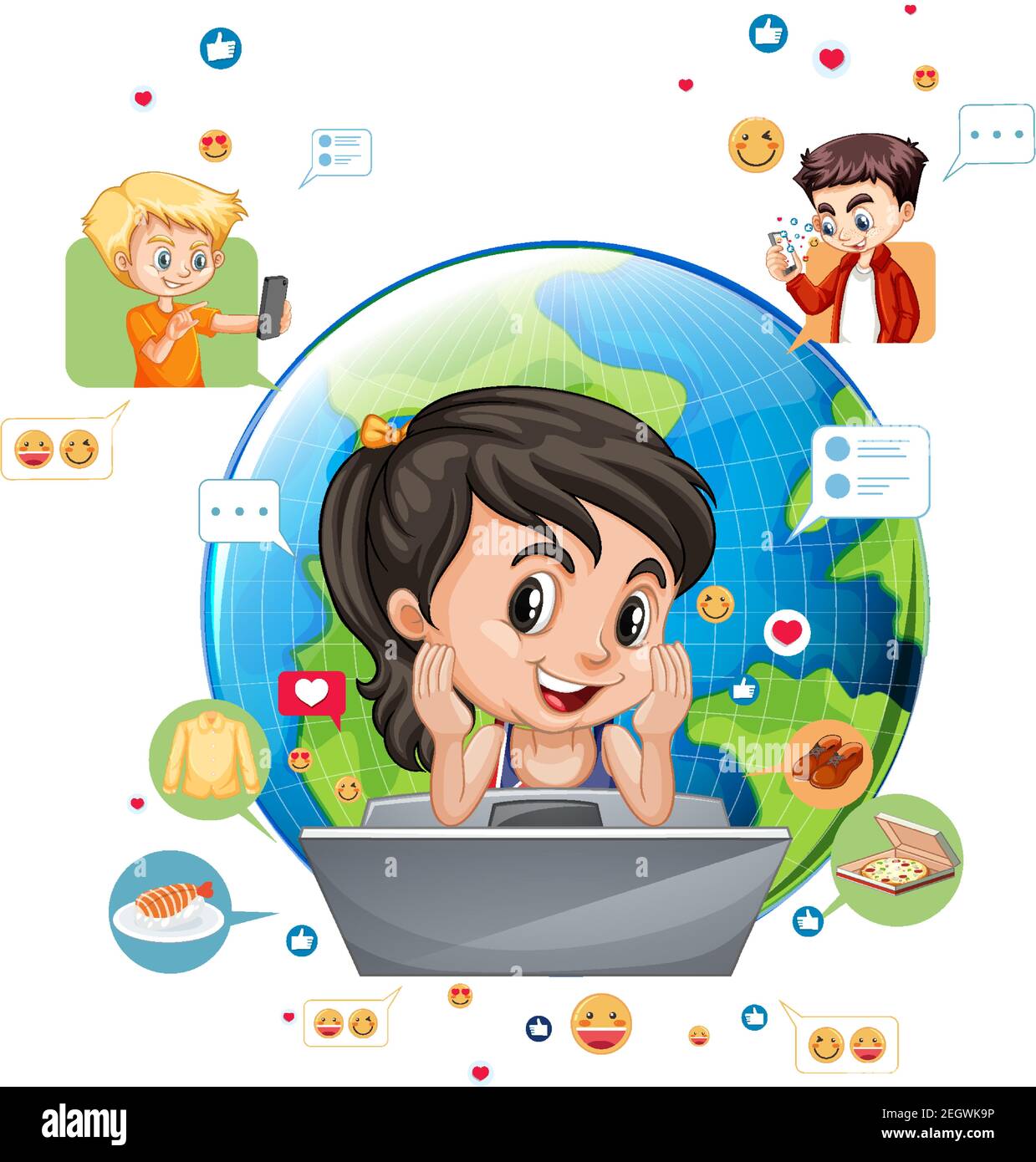Children with social media elements on white background illustration ...