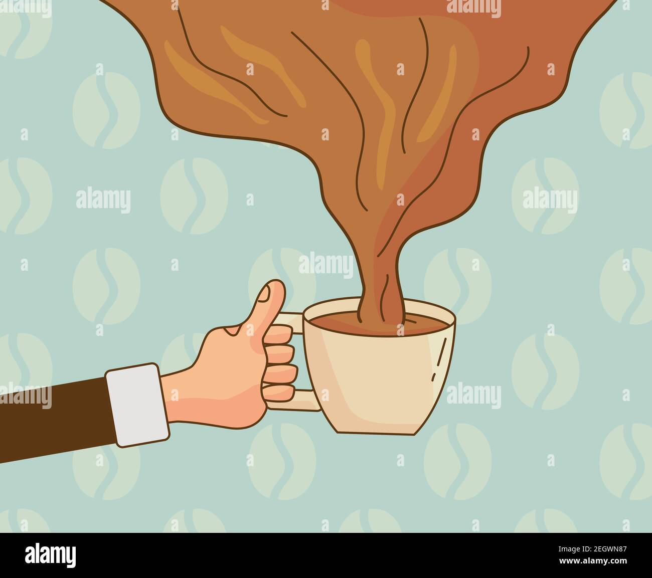 hand lifting coffee drink in ceramic cup and liquid vector illustration ...