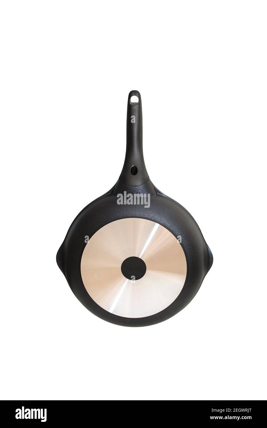 Frying pan rear, back view isolate on white background. Aluminum bottom ...