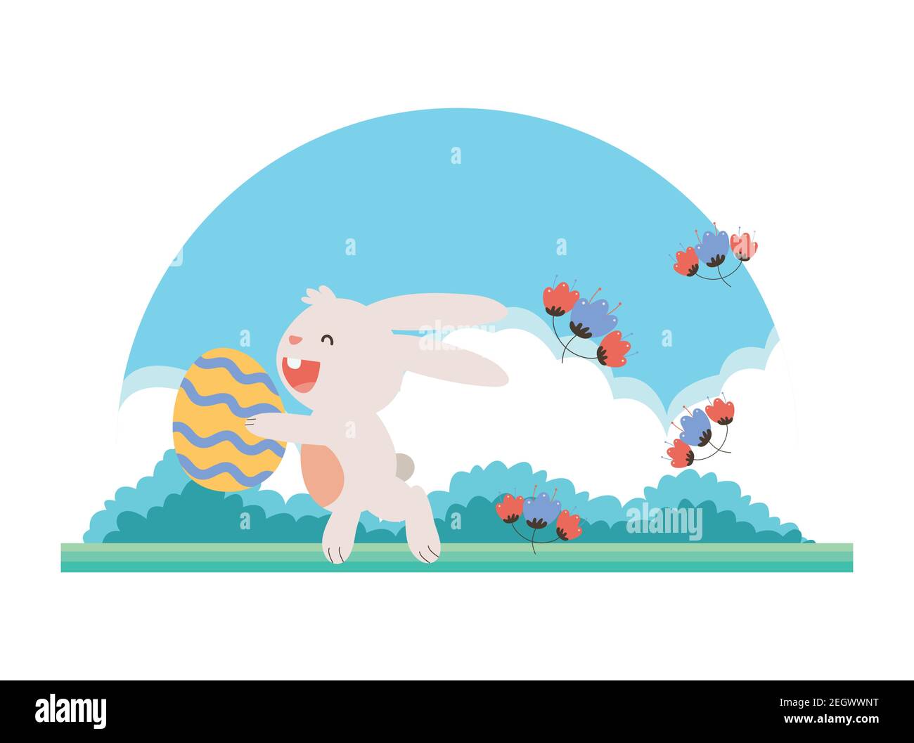 cute little bunny easter with egg painted and spring flowers in the ...