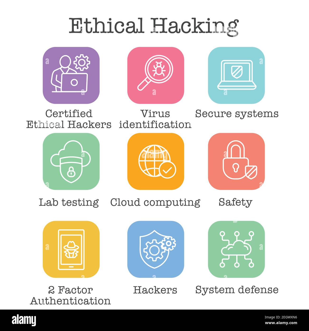 Certified Ethical Hacking - CEH icon set showing virus, exposing ...