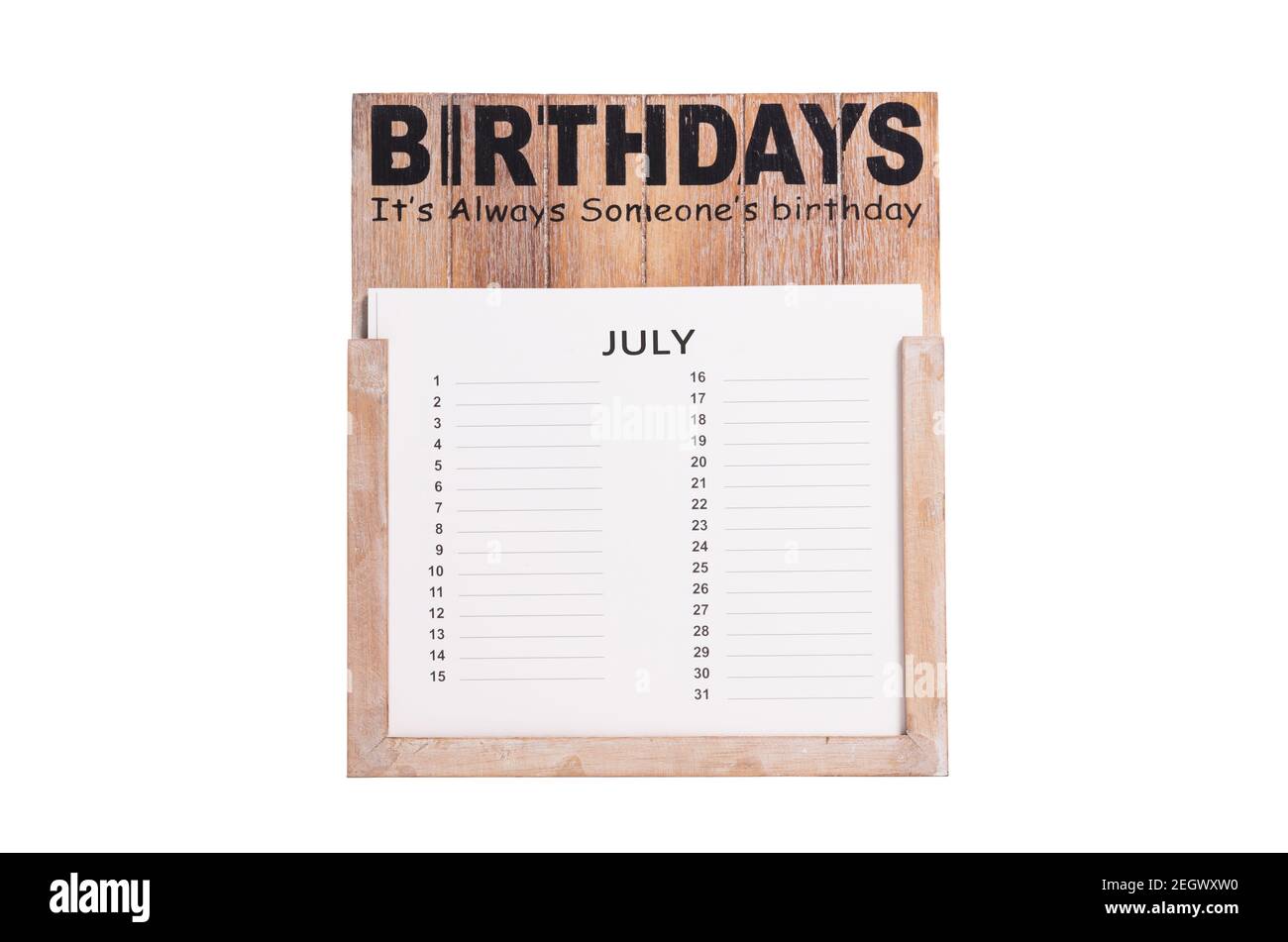 Birthday calander isolated on white background - July Stock Photo - Alamy
