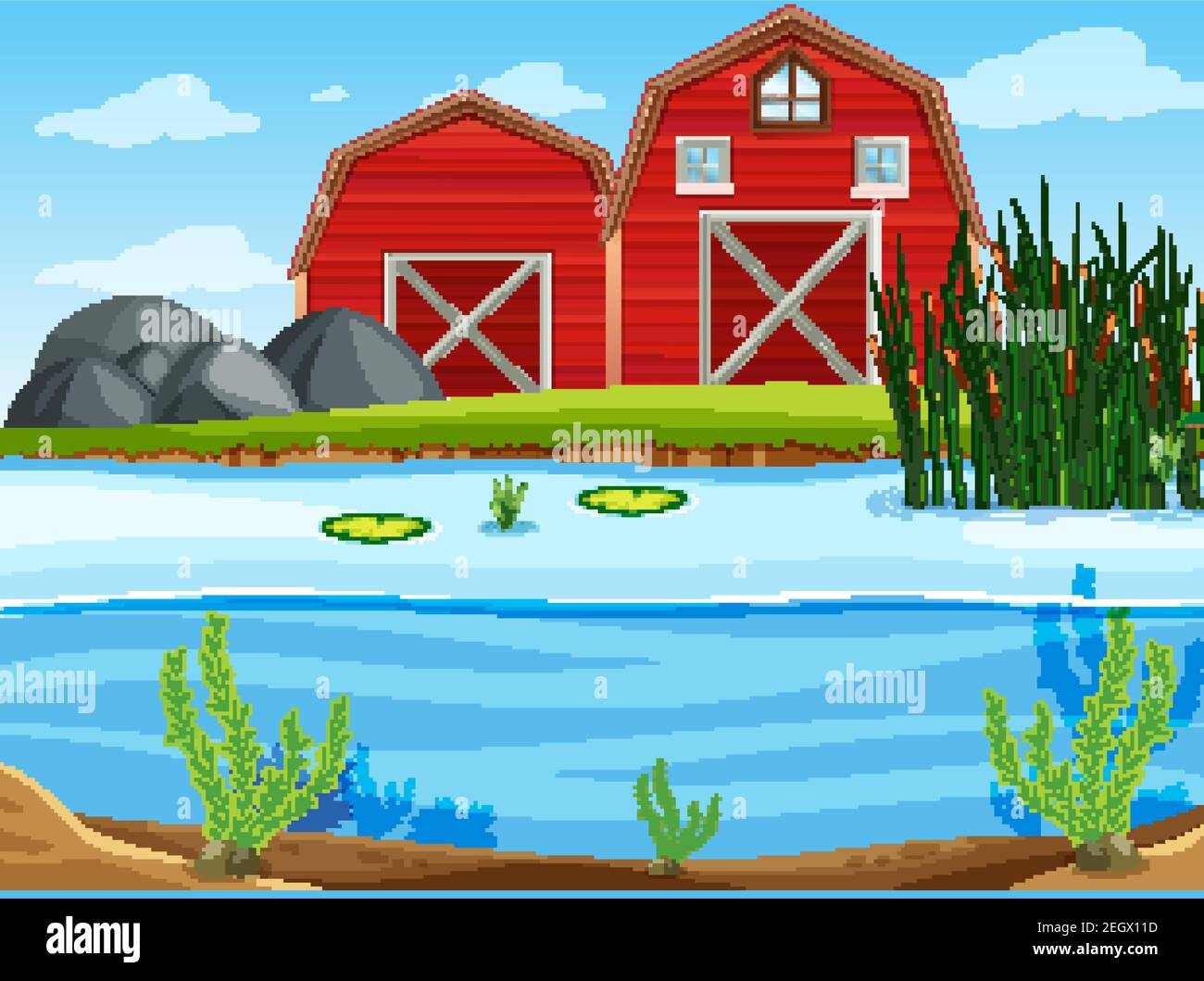Two red barns in the nature scene illustration Stock Vector Image & Art ...