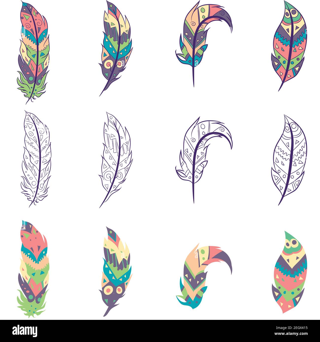 Element pack with isolated colorful feathers and sketches. Collection ...