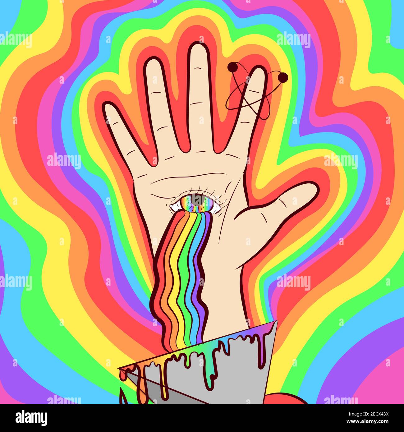 Vector art of a hand with the eye of God and a rainbow. Psychedelic and ...