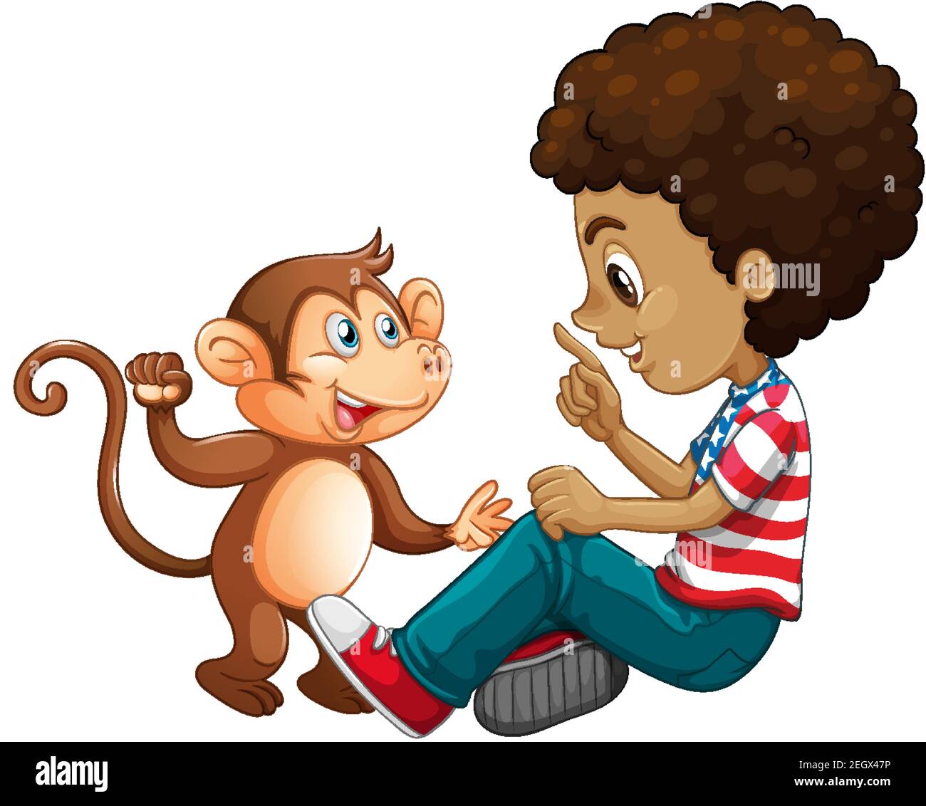 Boy playing with a little monkey isolated on white background ...
