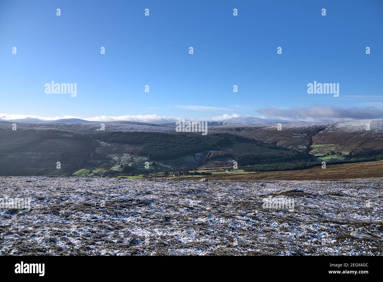 Spectacular wide angle view of winter Wicklow Mountains seen from Fairy ...
