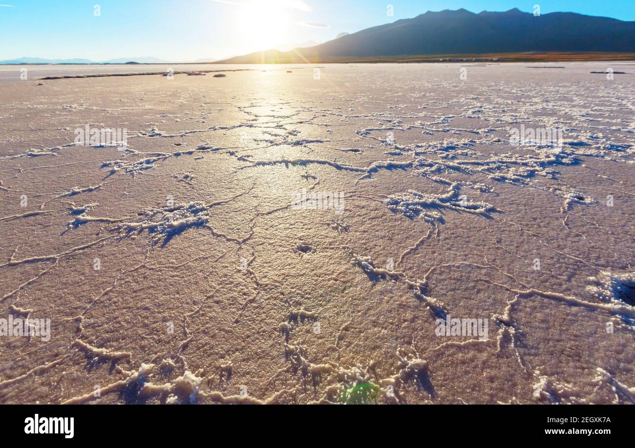 Landscape of the Uyuni Salt Flats at sunrise, Bolivia. Unusual natural ...