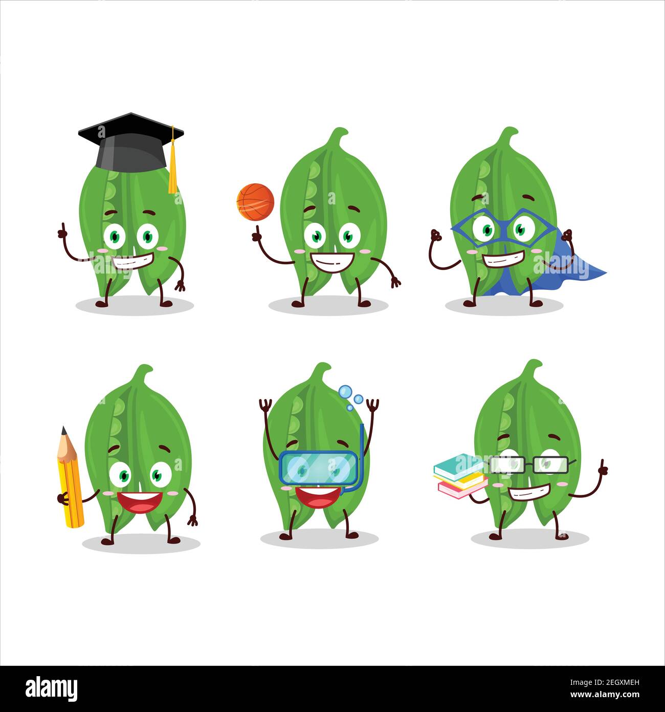 School student of peas cartoon character with various expressions ...