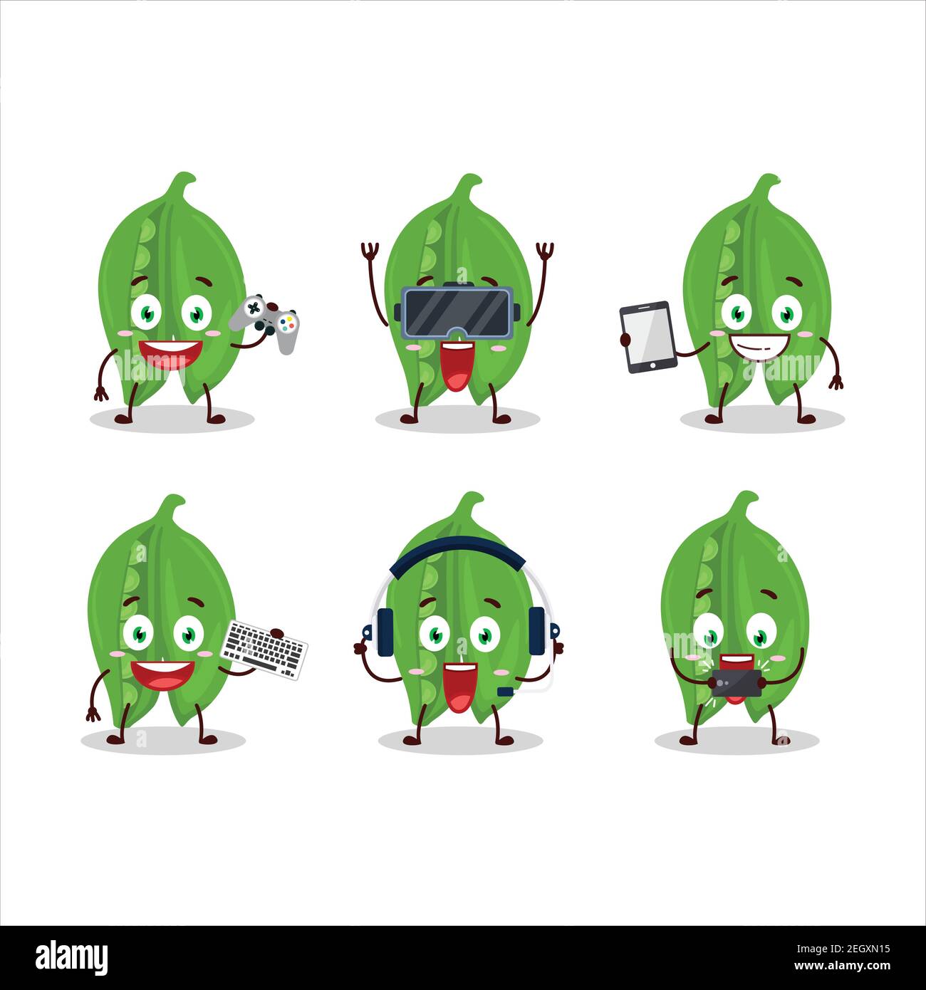 Peas cartoon character are playing games with various cute emoticons ...