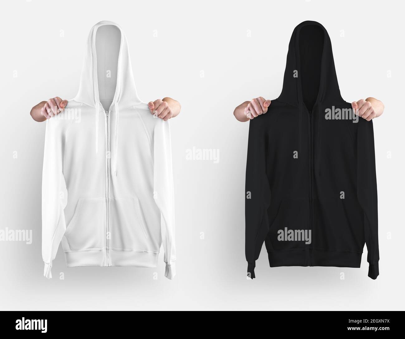 Template of a white, black sweatshirt with a hood, zipper closure ...