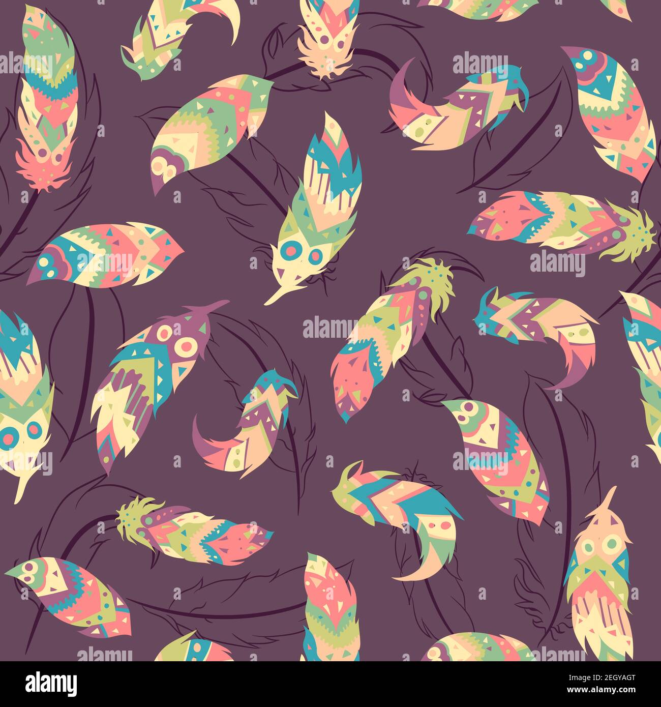 Bohemian seamless pattern with feathers and living coral circles ...