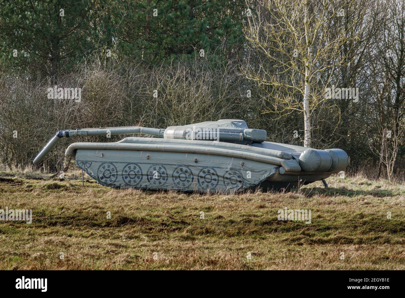 close up of a Challenger 2 Tank inflatable replica decoy on Salisbury ...