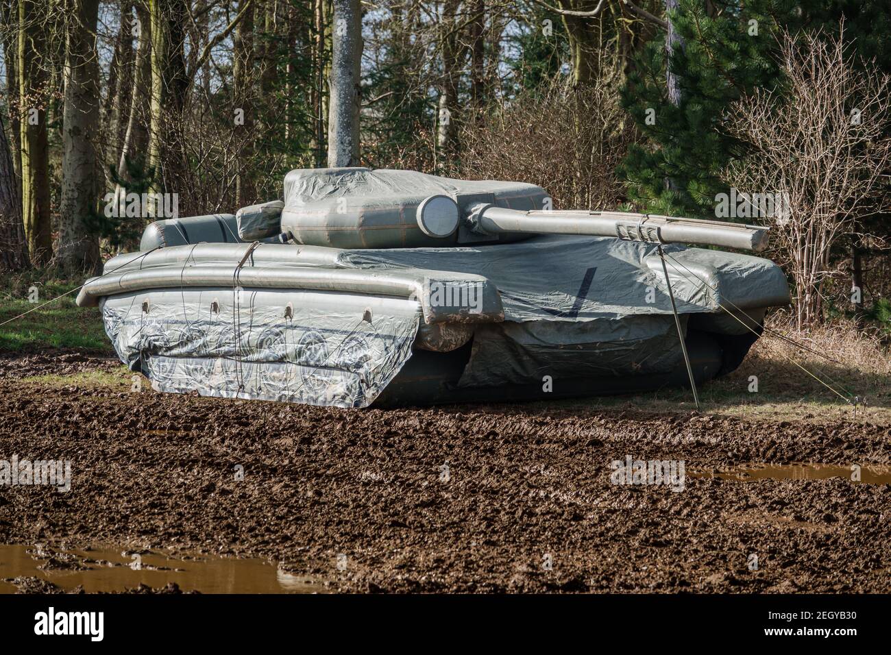 close up of a Challenger 2 Tank inflatable replica decoy on Salisbury ...