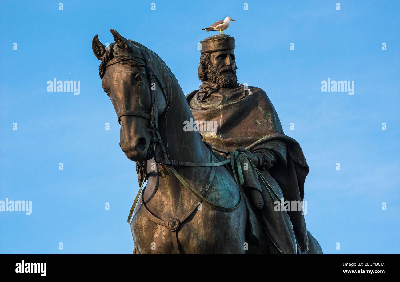Seagull sits on the head of the statue Giuseppe Garibaldi Italian Hero ...