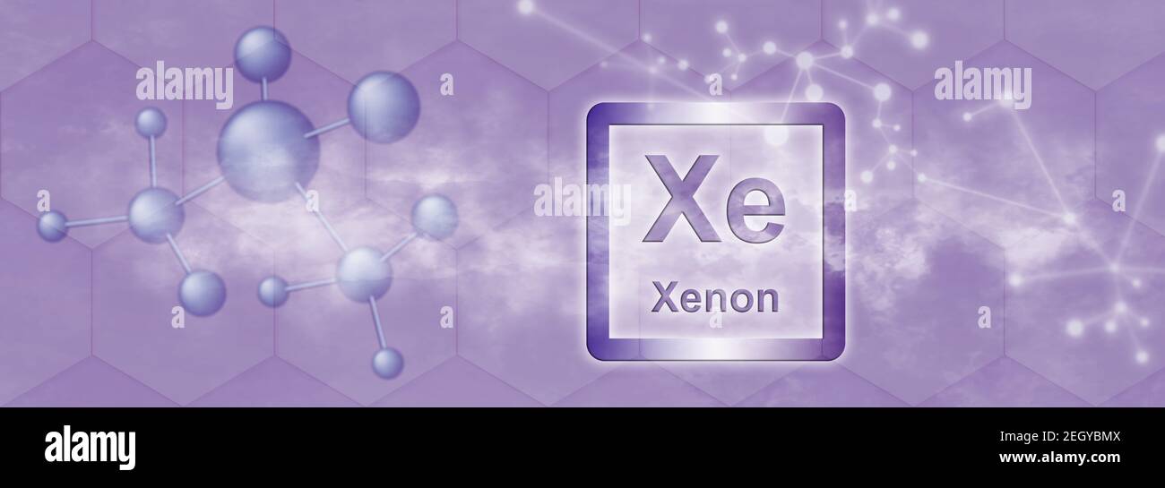 Xe symbol. Xenon chemical element with molecule and network on pink ...