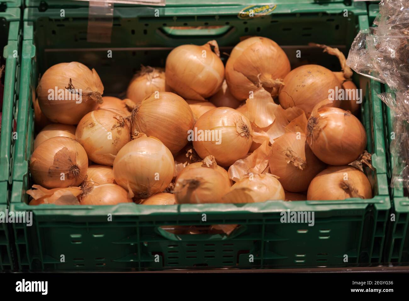 Unpacked loose onions in green plastic box on display in organic super ...