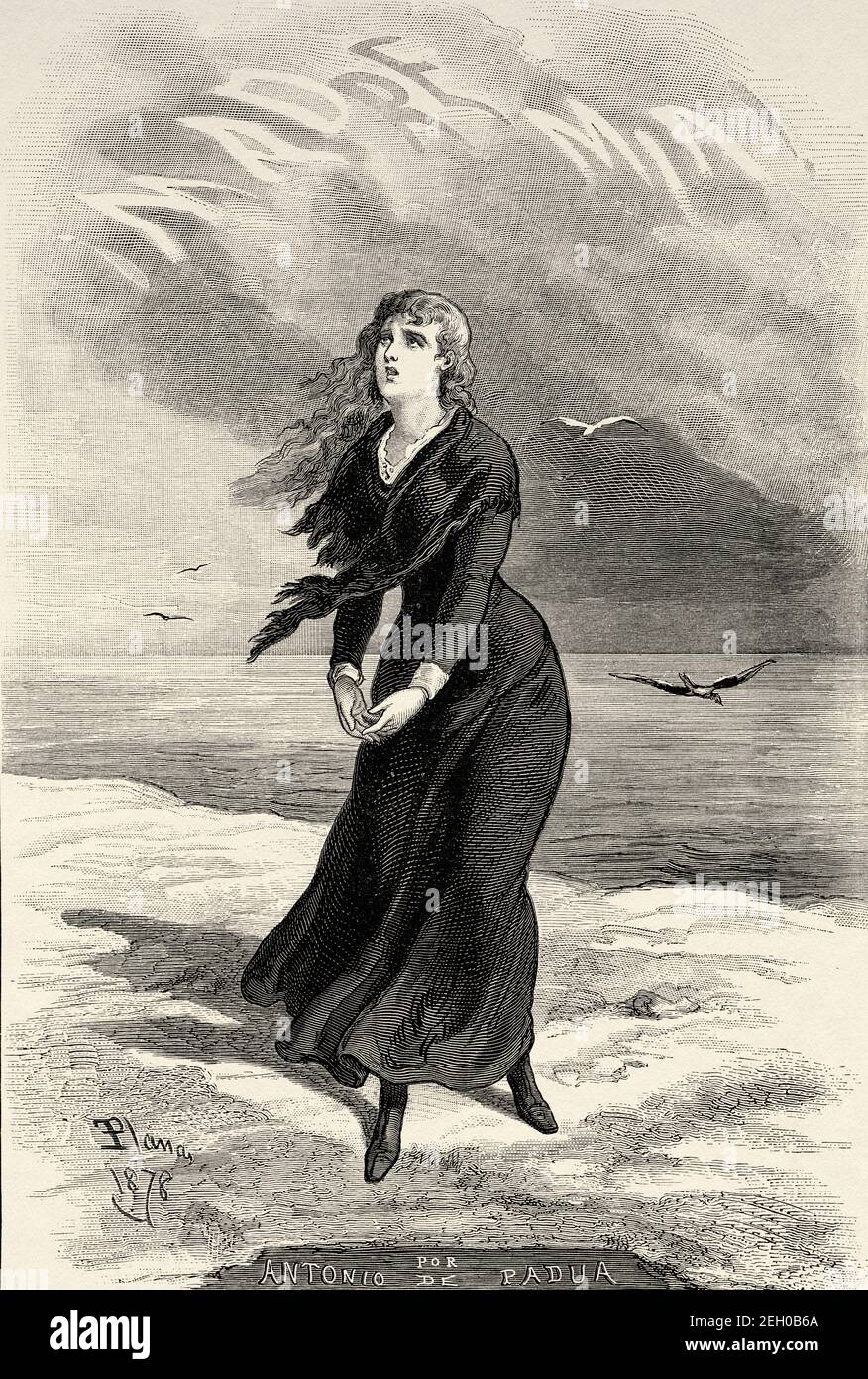 Young Nineteenth century woman walking along the beach. Old 19th ...