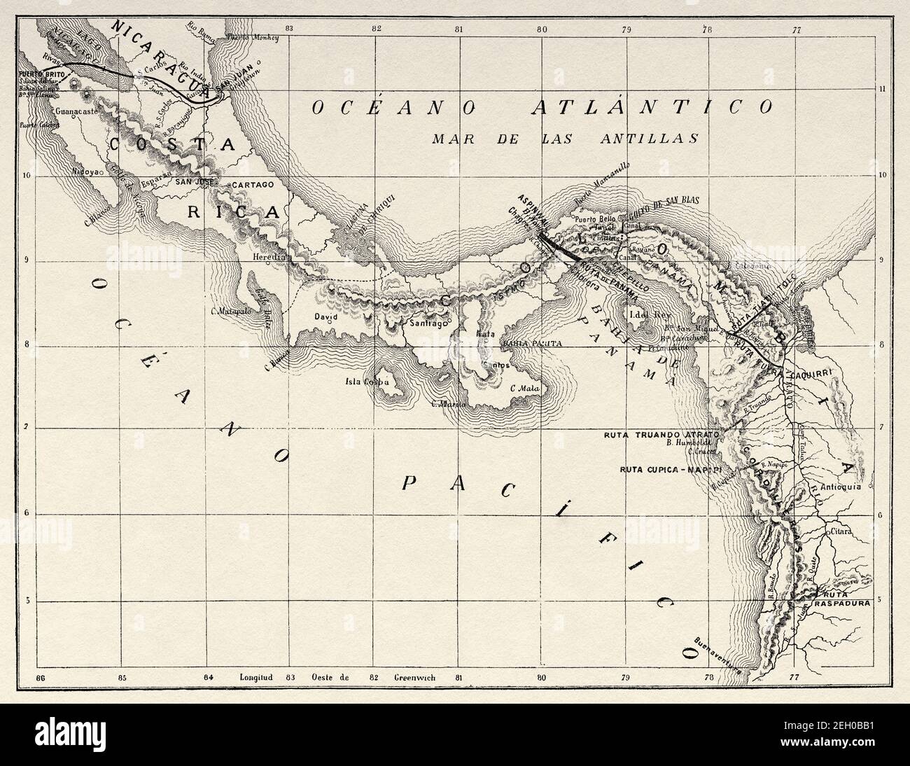 Old map of Central America. Panama canal route. Wyse Route. Lucien ...