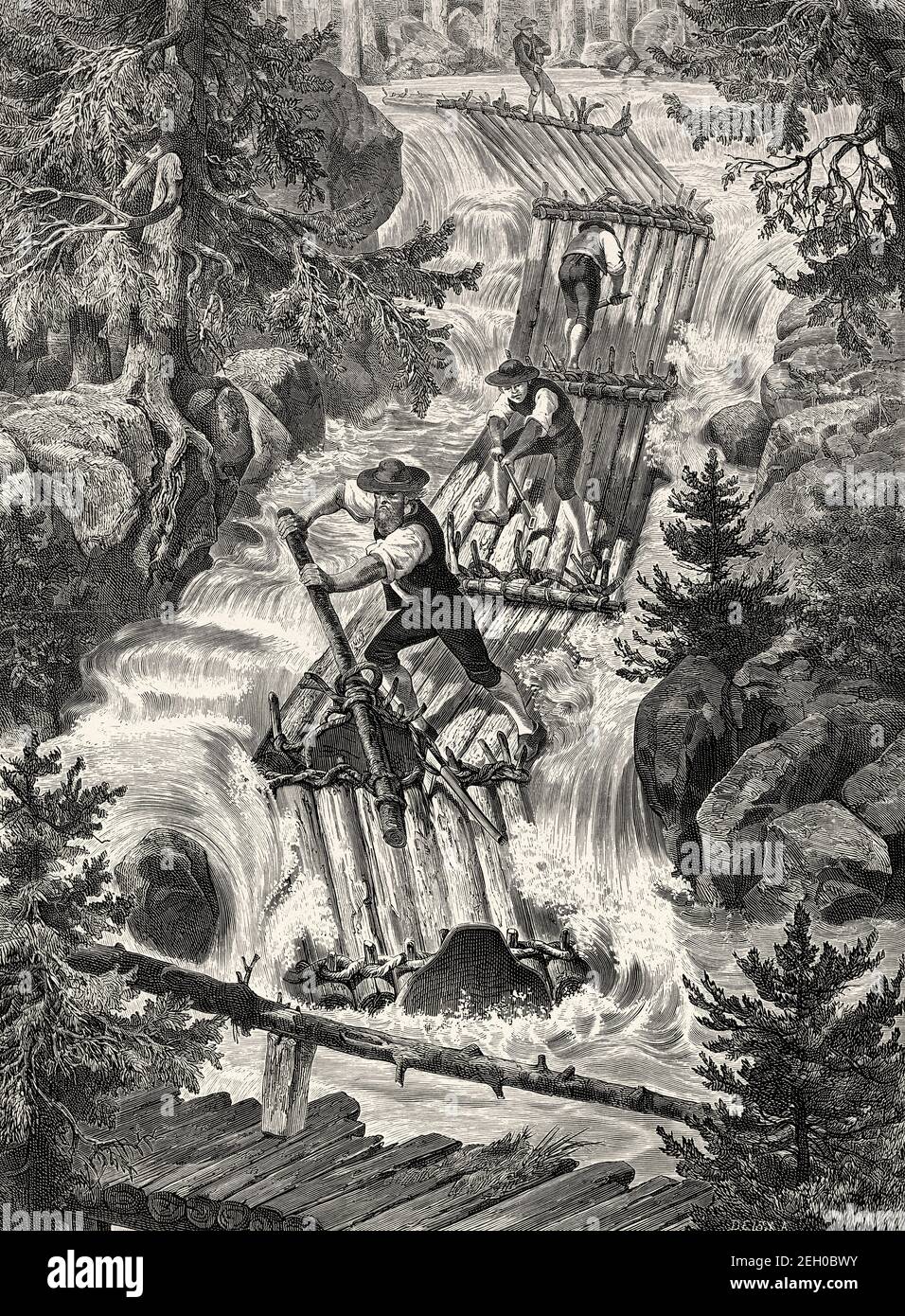 Old traditional wooden raft in the historical village of Schiltach ...