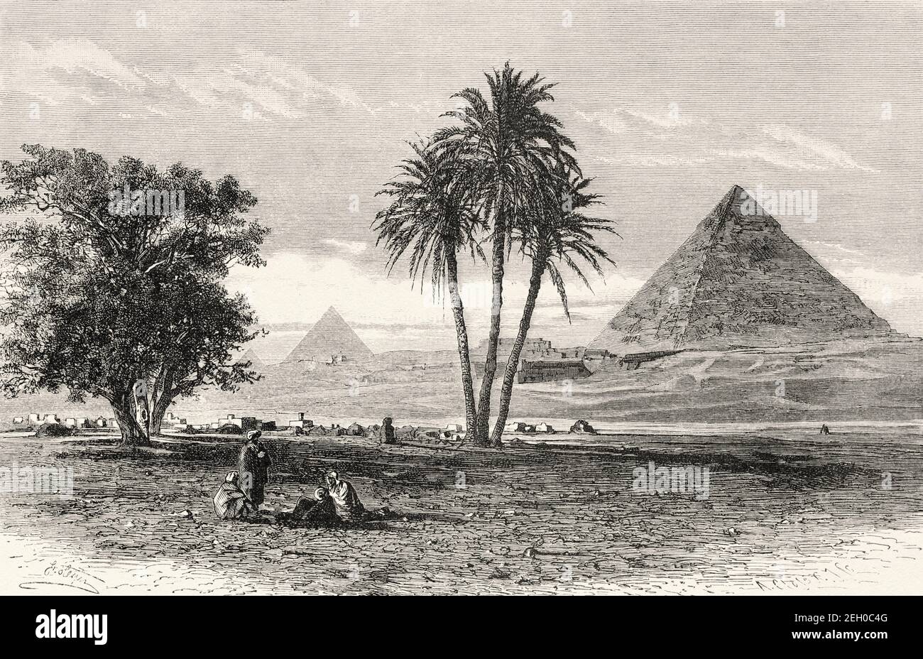 Engraving depicting the Pyramids of Giza. Ancient Egypt History. Old ...