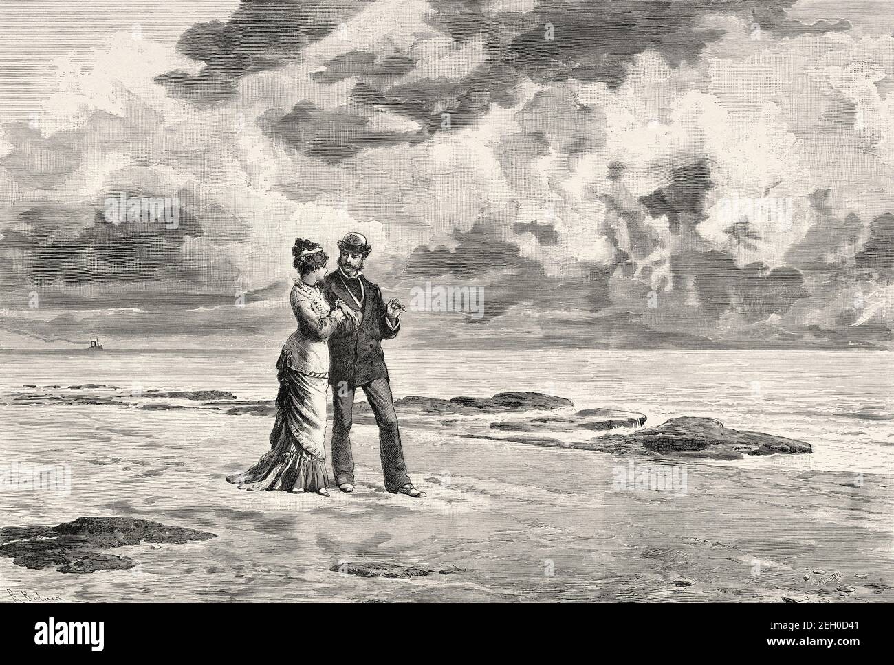 Honeymoon a newlywed couple of the nineteenth century walking along the ...
