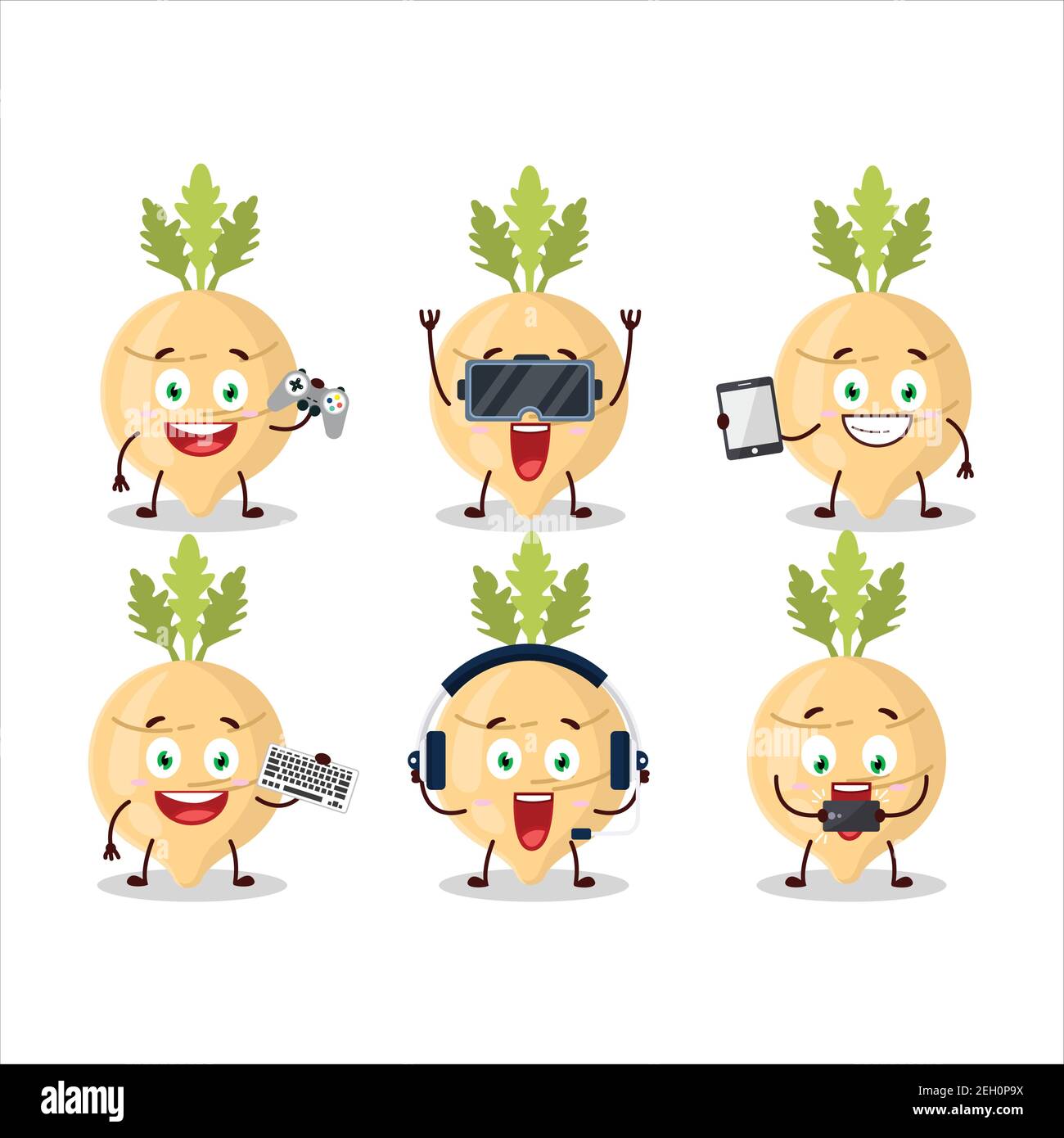 Radish cartoon character are playing games with various cute emoticons ...